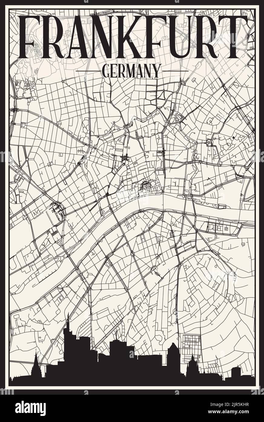 Hand-drawn panoramic city skyline poster with downtown streets network ...