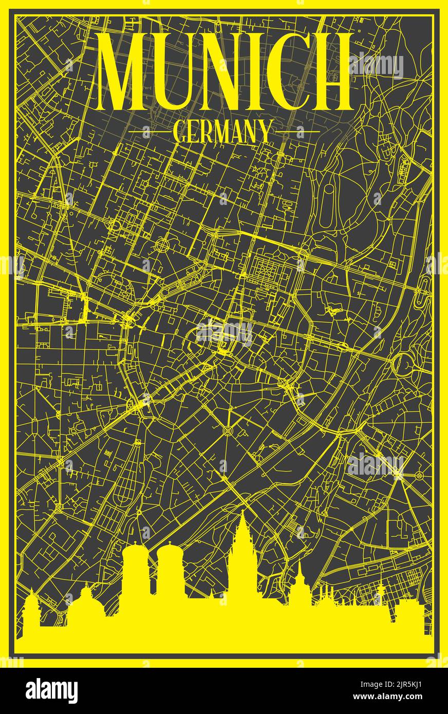 Hand-drawn panoramic city skyline poster with downtown streets network of MUNICH, GERMANY Stock ...