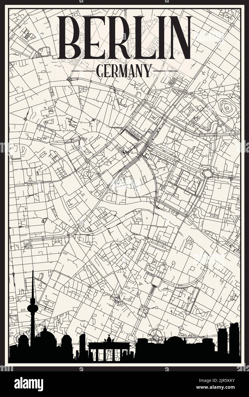 Hand-drawn panoramic city skyline poster with downtown streets network of BERLIN, GERMANY Stock ...