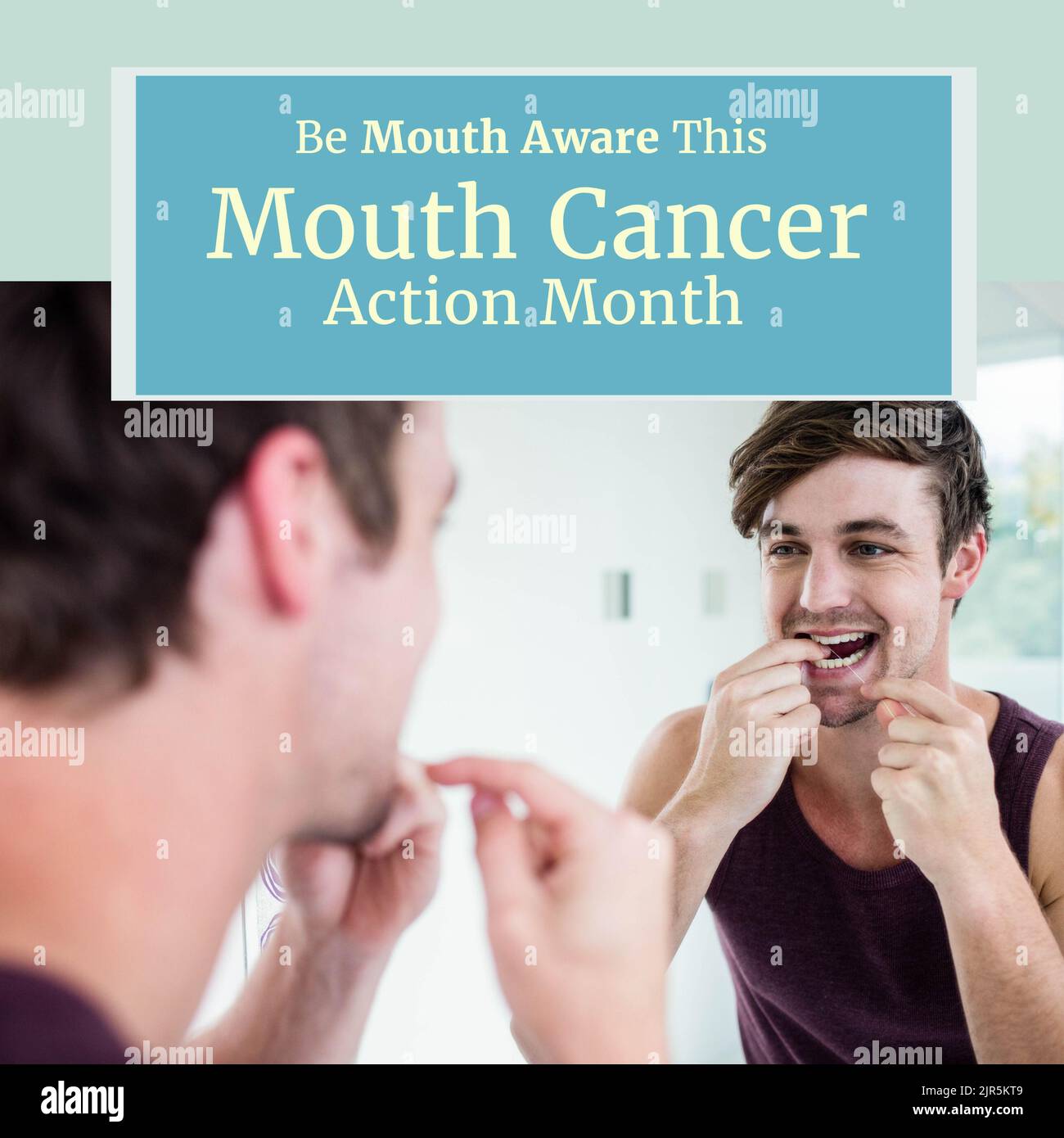 Digital image of caucasian young man using dental floss by mirror ...