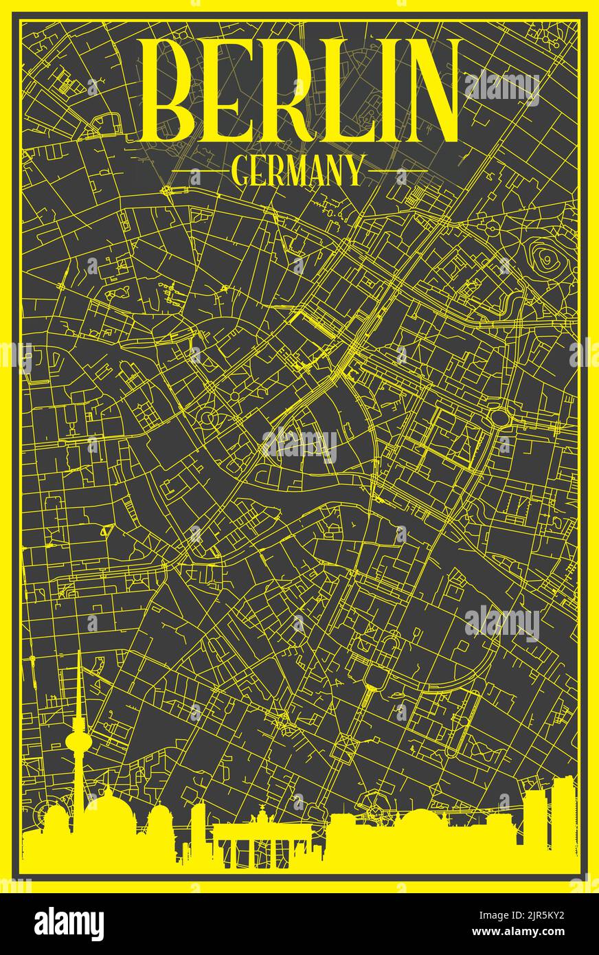 Hand-drawn panoramic city skyline poster with downtown streets network ...