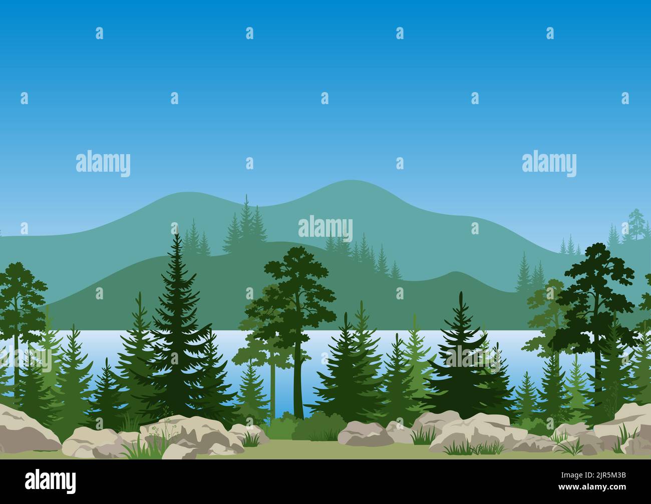 Seamless Horizontal Summer Mountain Landscape with Blue River or Lake ...