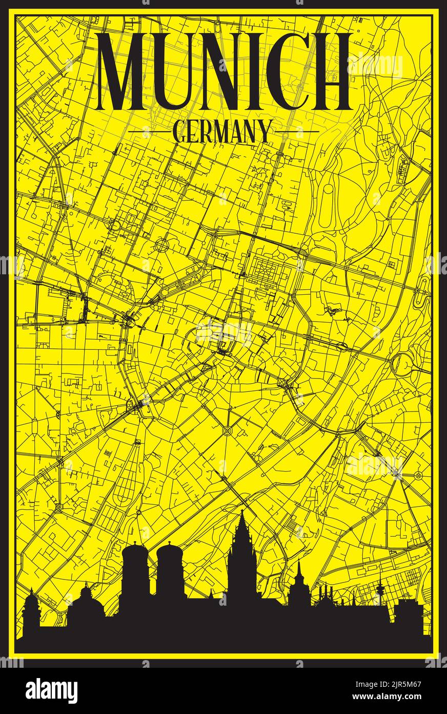 Hand-drawn panoramic city skyline poster with downtown streets network ...