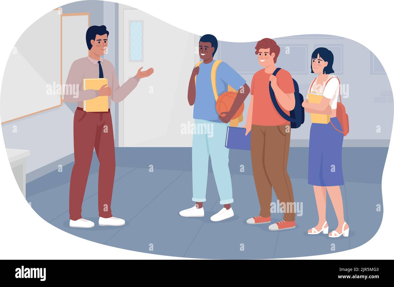 Teacher communicating with students 2D vector isolated illustration ...