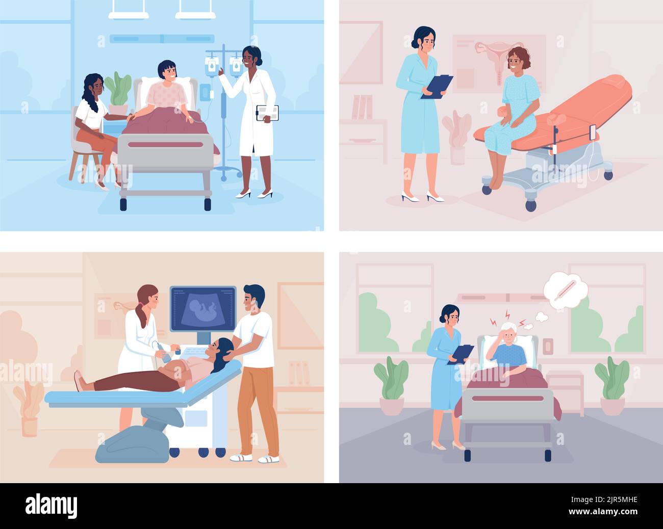 Patients examination in hospital flat color vector illustrations set ...