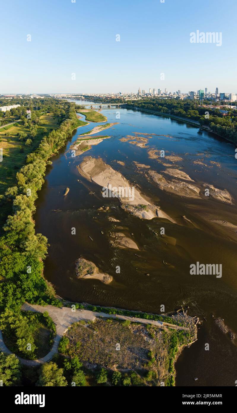 Low water level in Vistula river, effect of drought seen from the bird ...