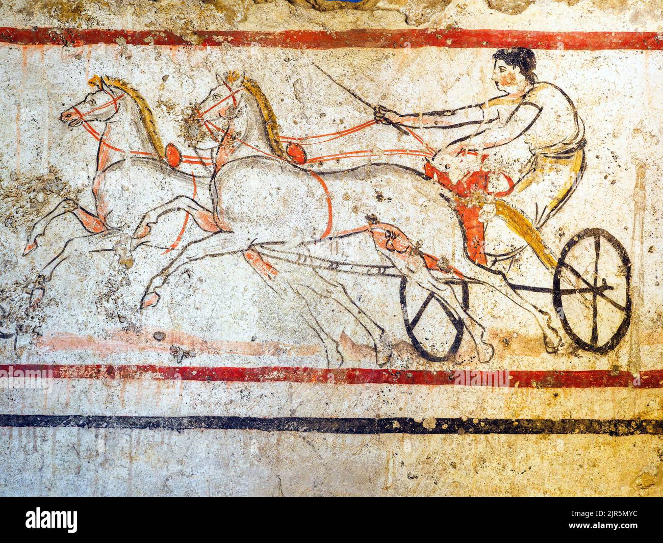 Fresco depicting a duel and two horse chariot in race Andriuolo, Tomb ...