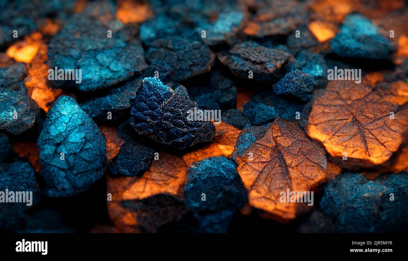 A hyper detailed 3D render of magma and lava particles and rare stones ...