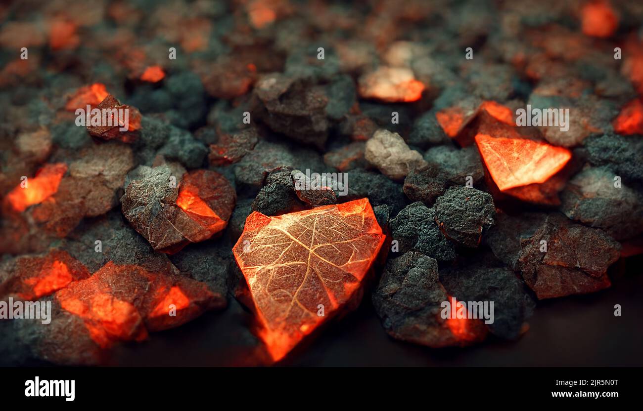 A hyper detailed 3D render of magma and lava particles and rare stones ...