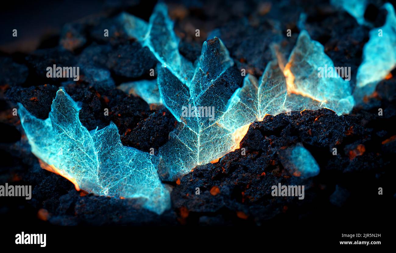 A hyper detailed 3D render of magma and lava particles and rare blue ...