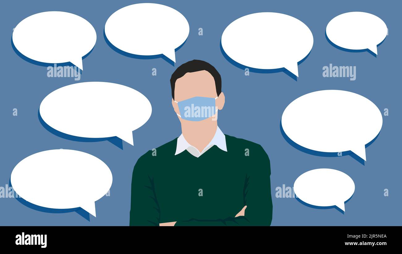 A faceless male character in a mask with speech bubbles around him on ...