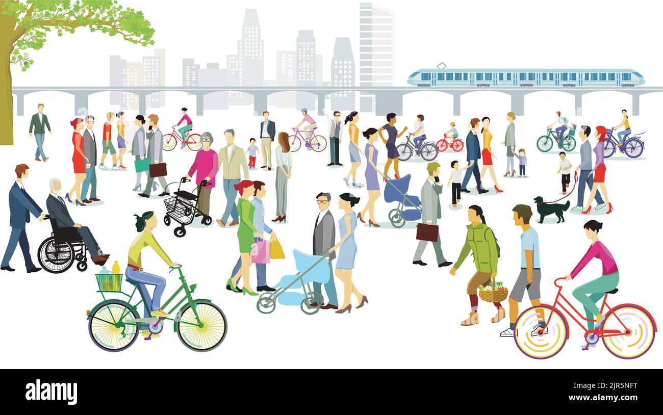 City silhouette with pedestrians in residential district, illustration ...