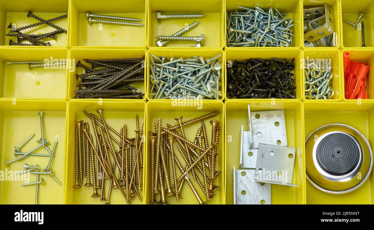 Various metal screws in separate yellow plastic containers. The concept ...