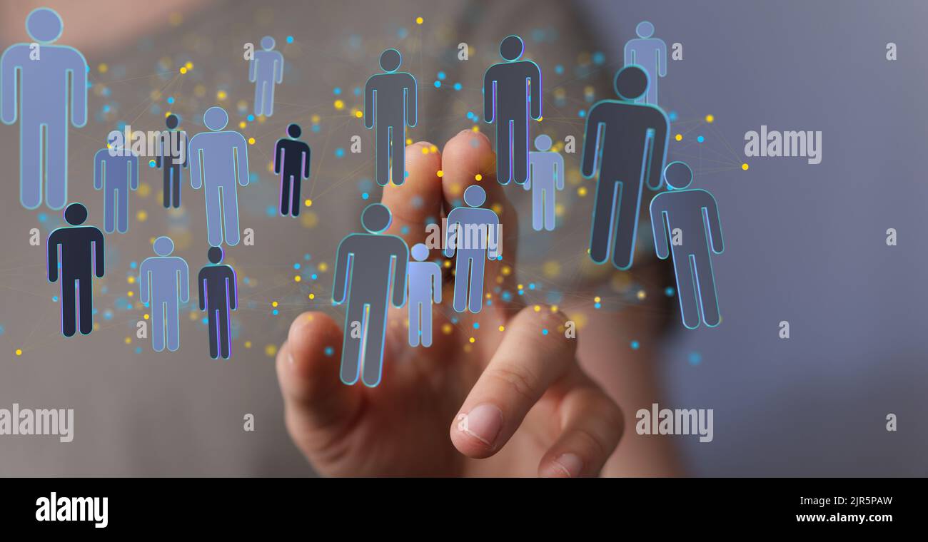 A 3d render of a hand interacting with signs of online users Stock ...