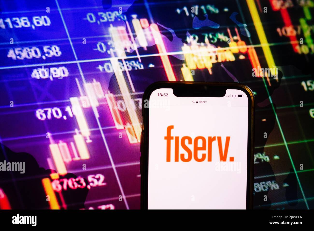 KONSKIE, POLAND - August 10, 2022: Smartphone displaying logo of Fiserv ...