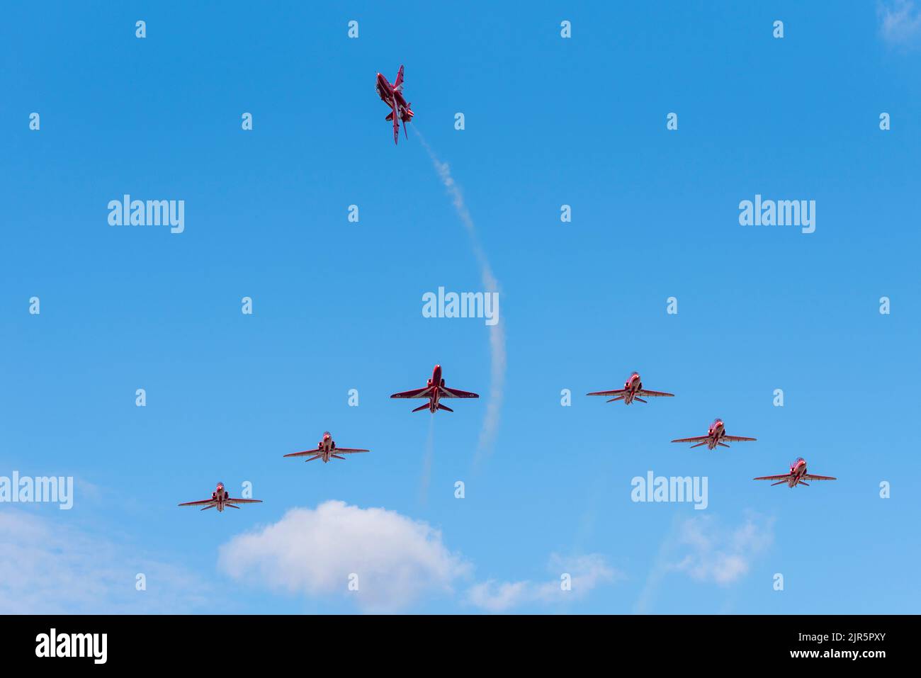 Royal Air Force Red Arrows jet planes breaking to land at London Southend Airport whilst using ...