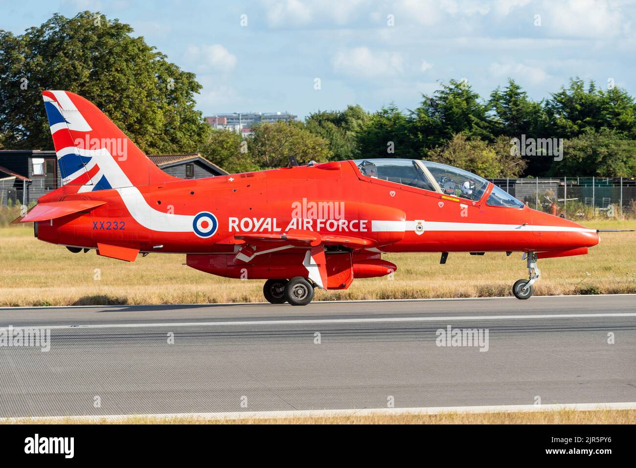 Royal Air Force Red Arrows BAe Hawk jet plane XX232 at London Southend ...