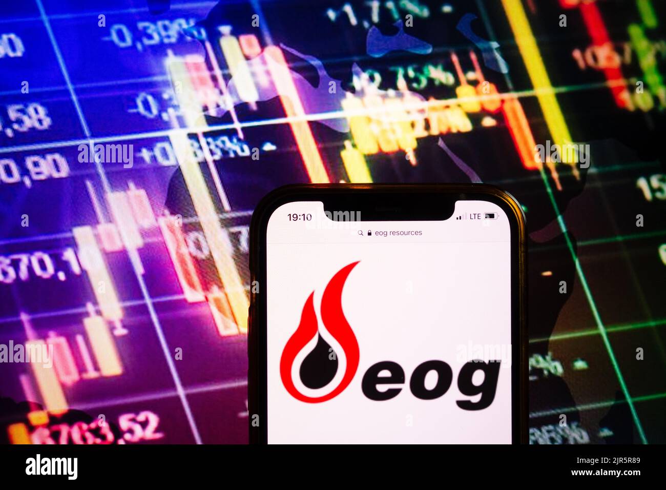 KONSKIE, POLAND - August 10, 2022: Smartphone displaying logo of Eog ...