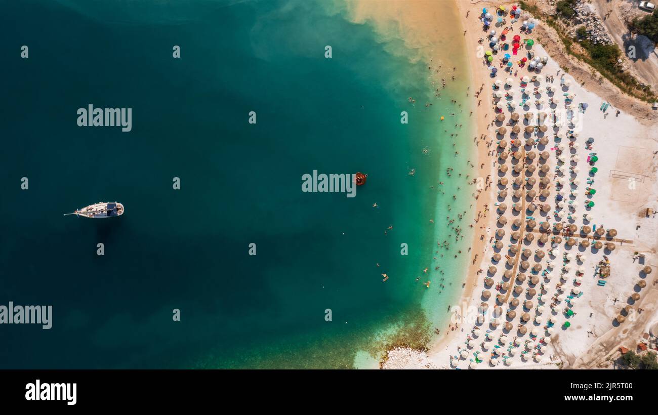 Top aerial view of famous Marble beach ai Thassos island, Greece Stock ...