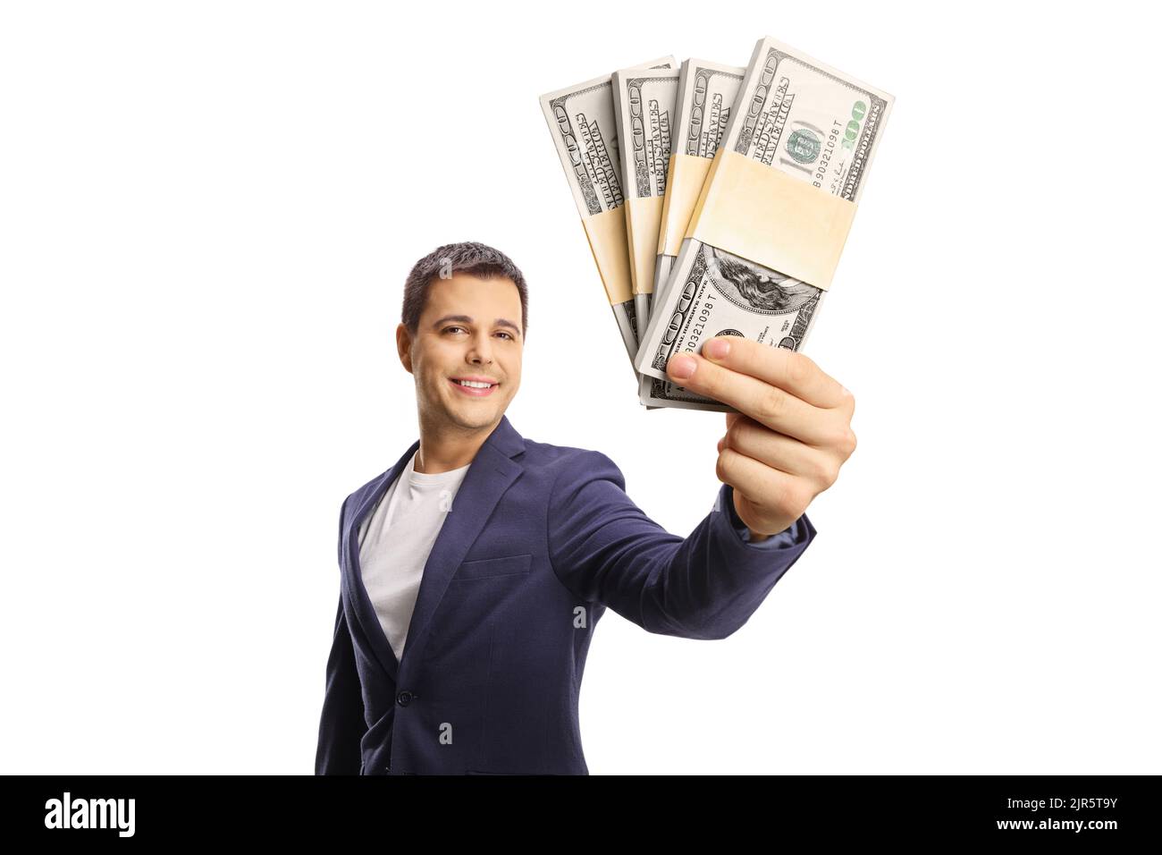 Professional young man showing money in front of camera isolated on ...