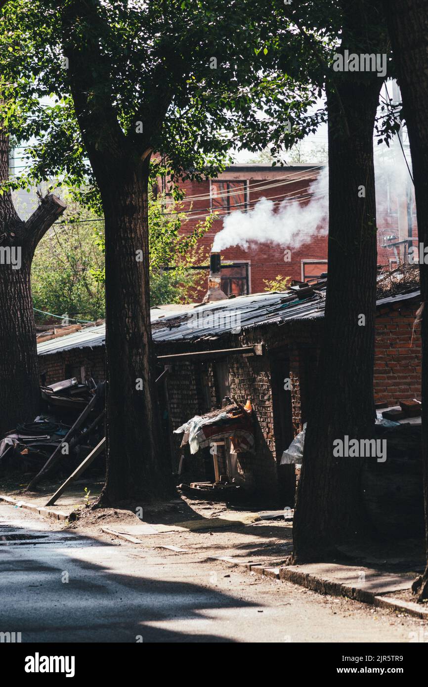 The vertical view view of a sidewalk of a street with old buildings and ...