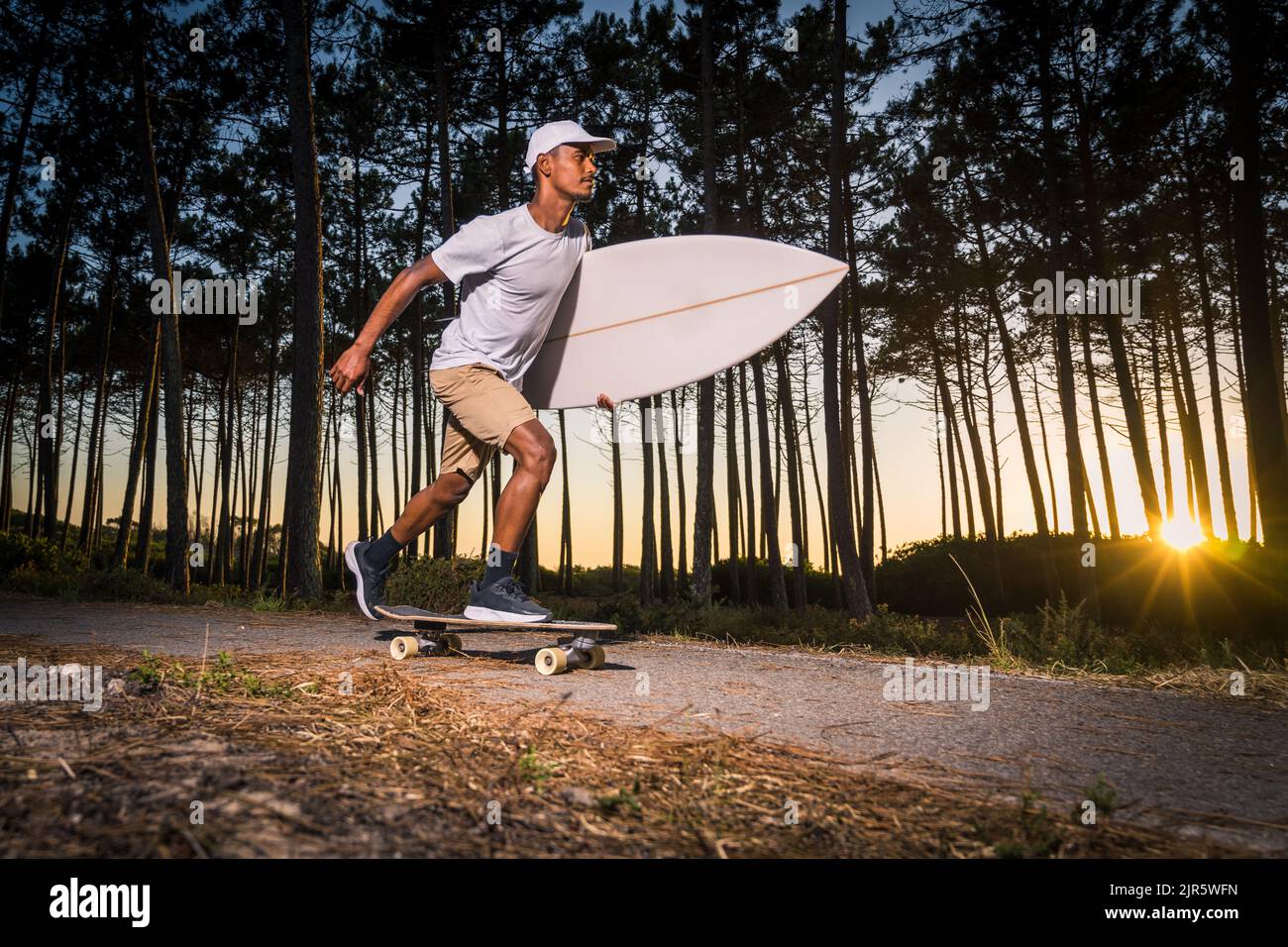 Surf skater rolling by the pine forest at sunset with his surfboard in ...
