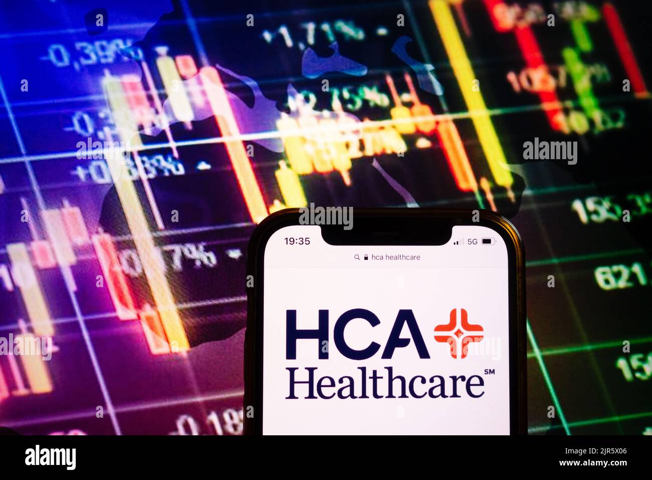 KONSKIE, POLAND - August 10, 2022: Smartphone displaying logo of HCA ...
