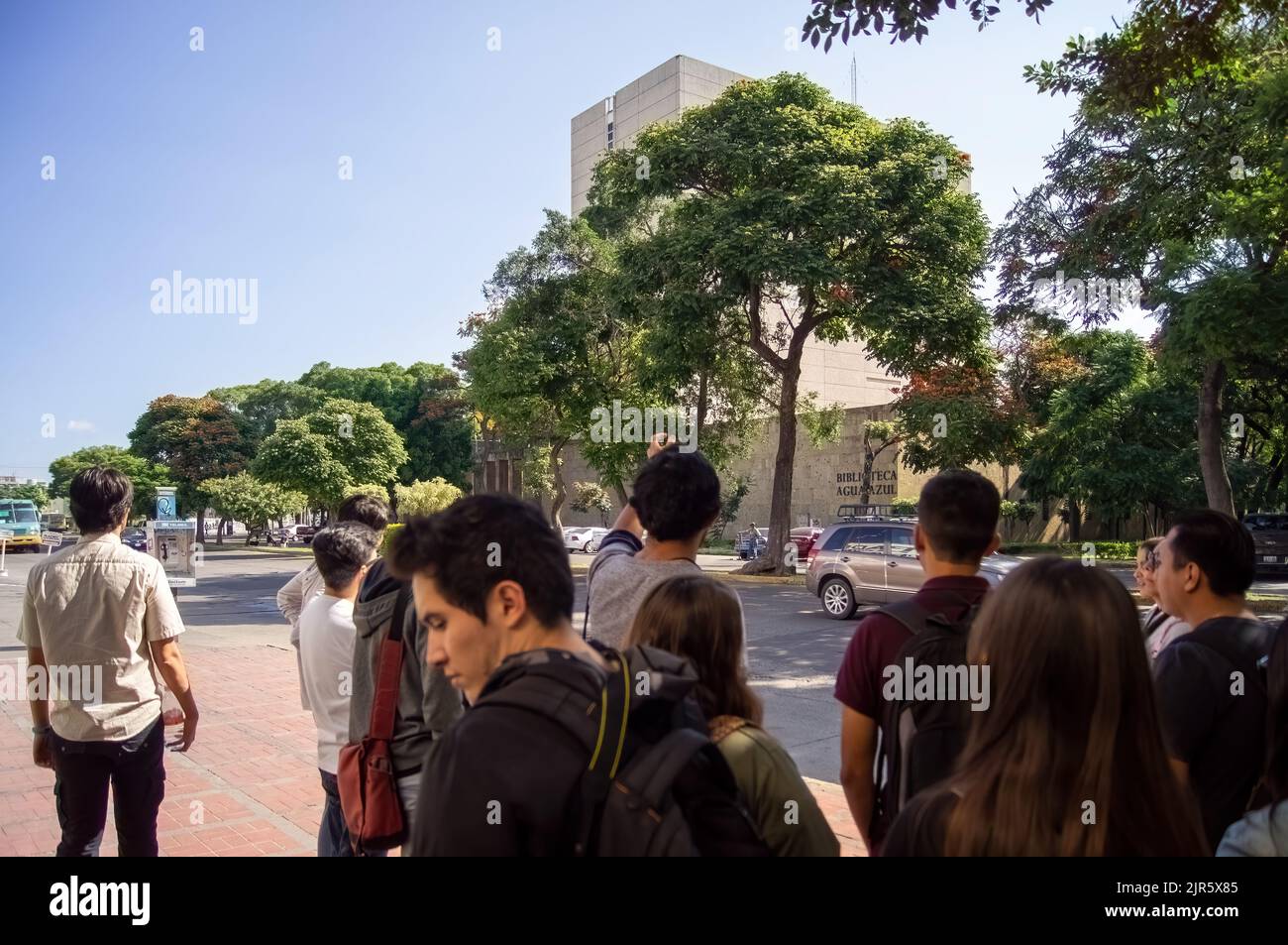 group of people waiting to enter a church, the door of natural wood ...