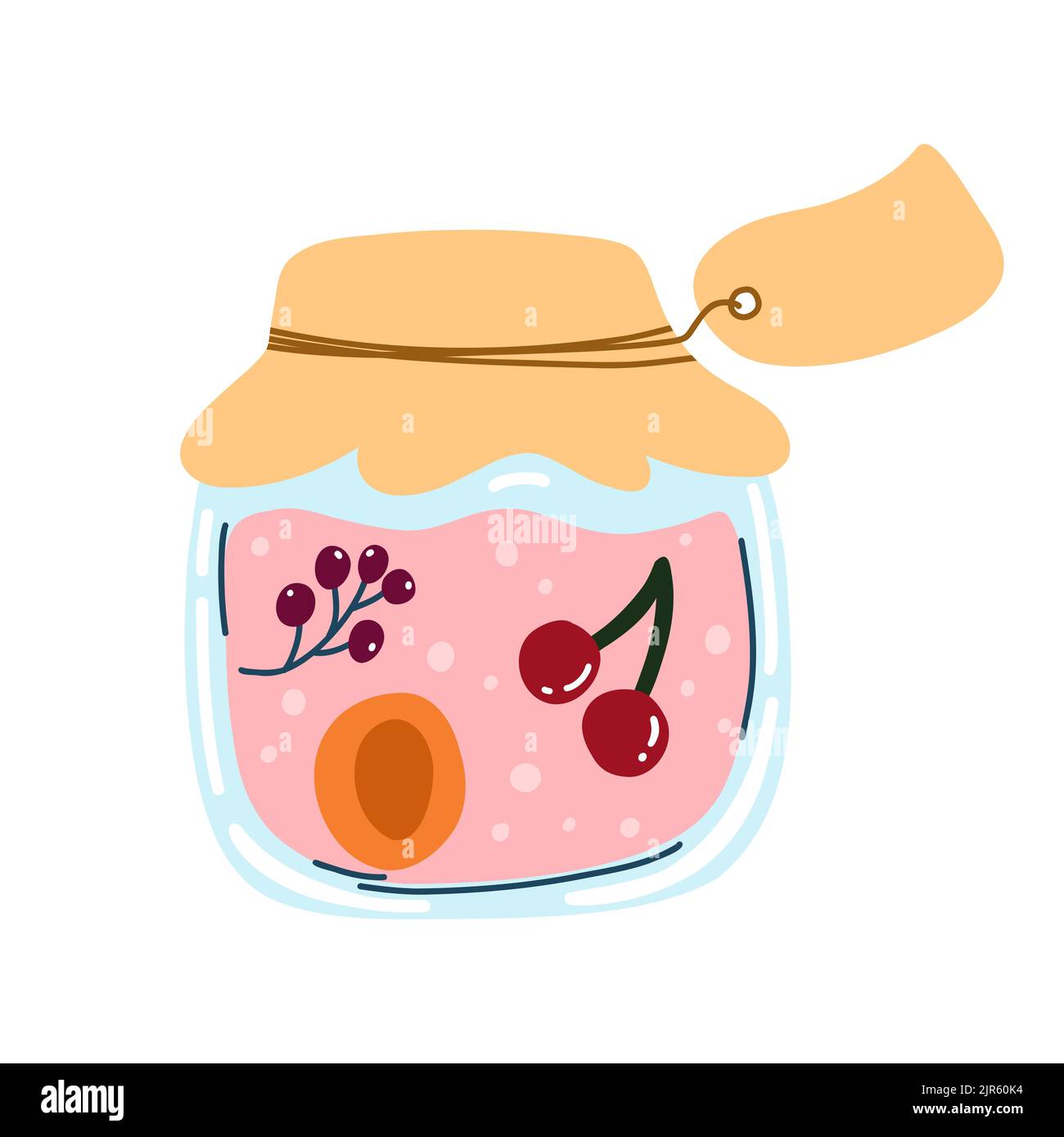 Home made cherry, apricot, currant jam, canned fruit in cartoon hand ...