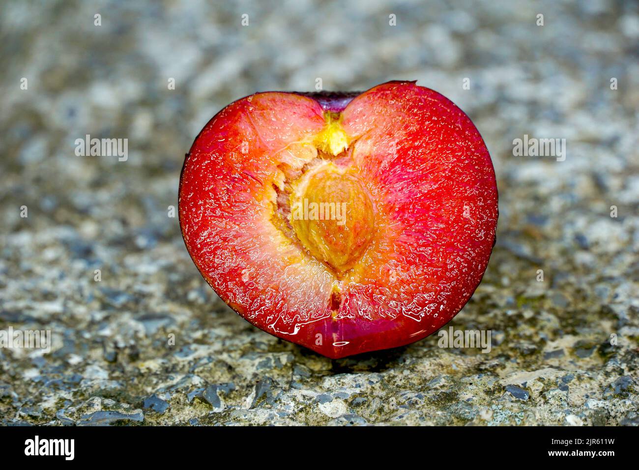 Juicy red Plum fruits with cut in half on concrete background Stock ...