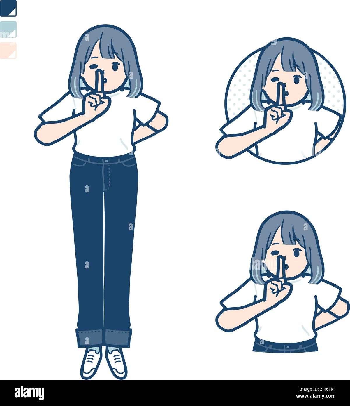 A young woman in a T-shirt with be quiet hand sign images.It's vector ...