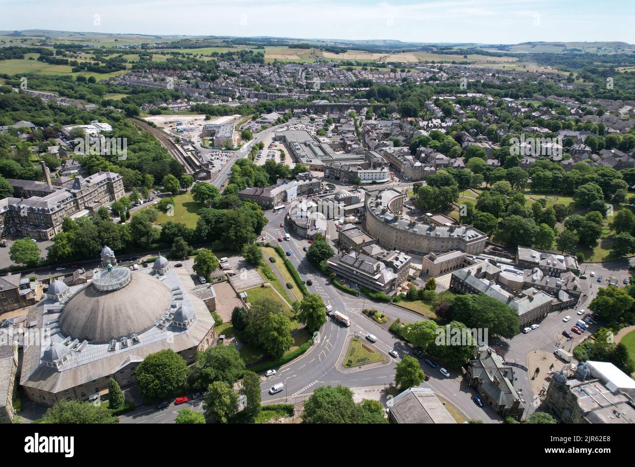 Buxton town Derbyshire peak district UK drone aerial view Stock Photo ...