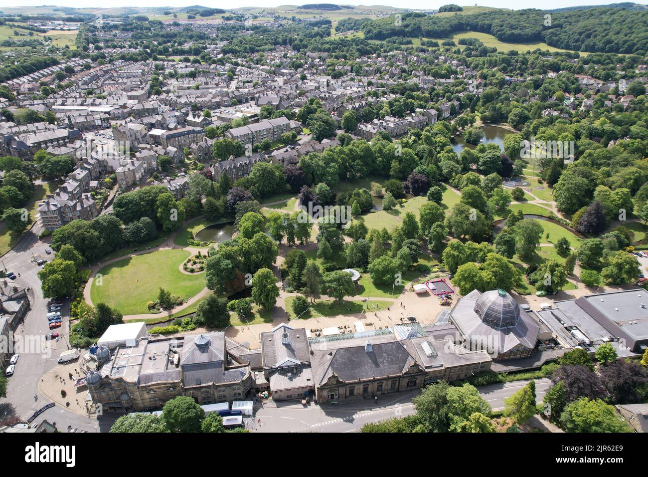 Buxton town Derbyshire peak district UK drone aerial view Stock Photo ...