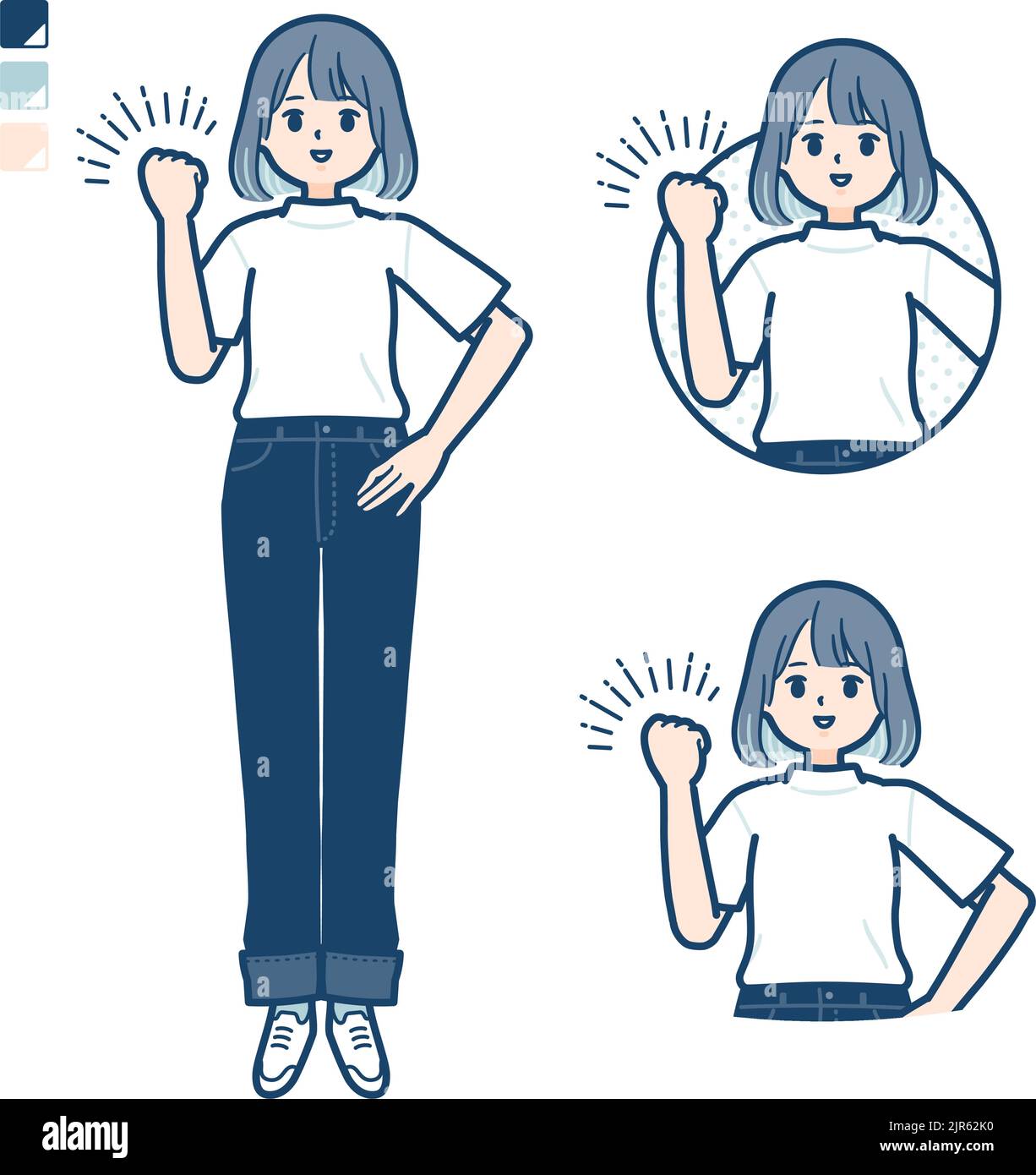 A young woman in a T-shirt with fist pump images.It's vector art so it ...