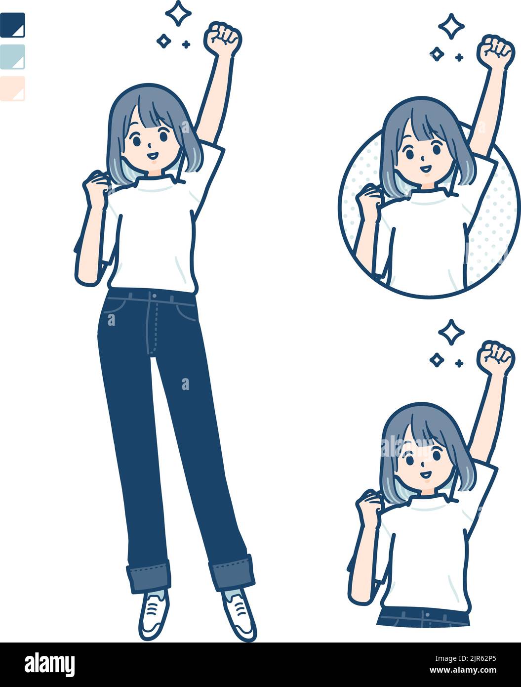 A young woman in a T-shirt with fist pump images.It's vector art so it ...