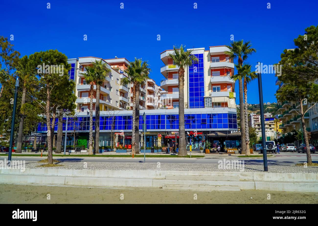 A beautiful view of residential buildings on the main beach in the ...