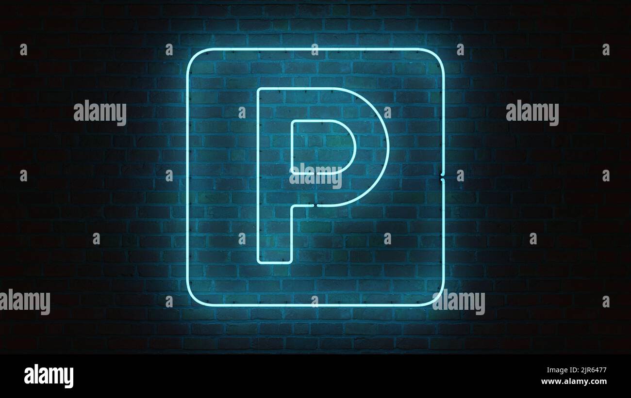 Neon parking sign with blue light over a brick wall. 3D rendering image ...