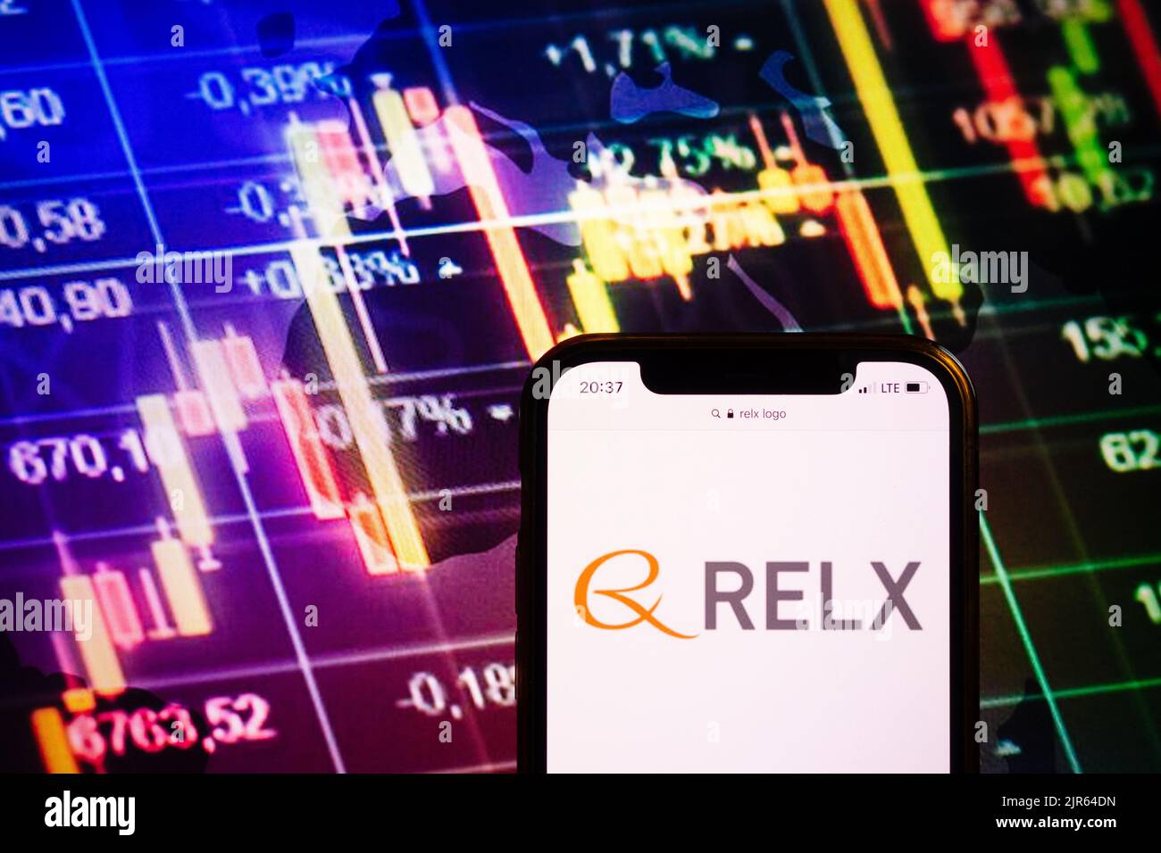 KONSKIE, POLAND - August 10, 2022: Smartphone displaying logo of Relx ...