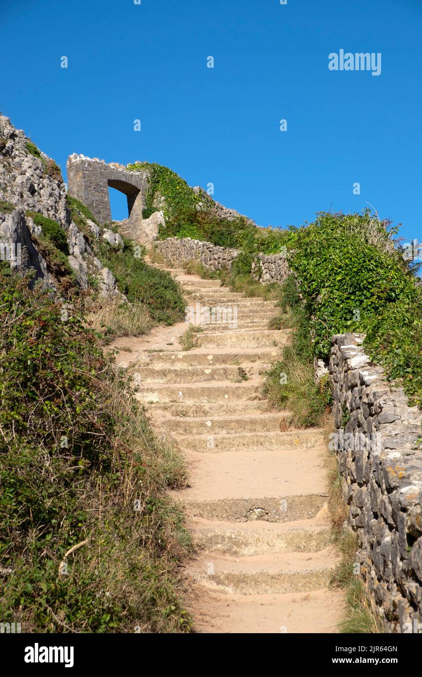 Verticle view of stone steps and arch archway leading from fields near ...
