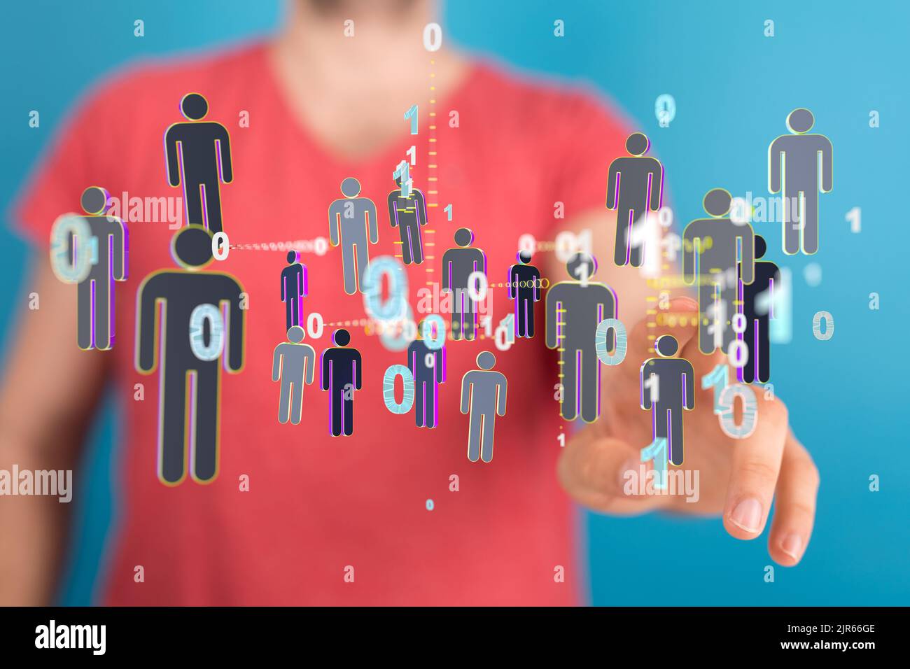 A 3d rendering of a man pointing at a group of people and binary digits icons Stock Photo - Alamy