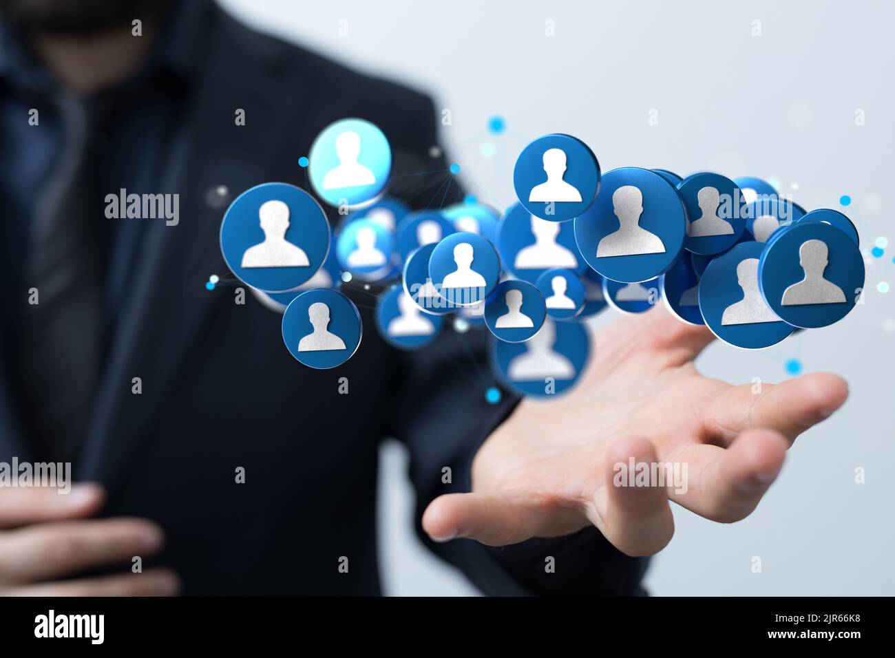 A 3D rendering of a group of floating blue people icons on a ...