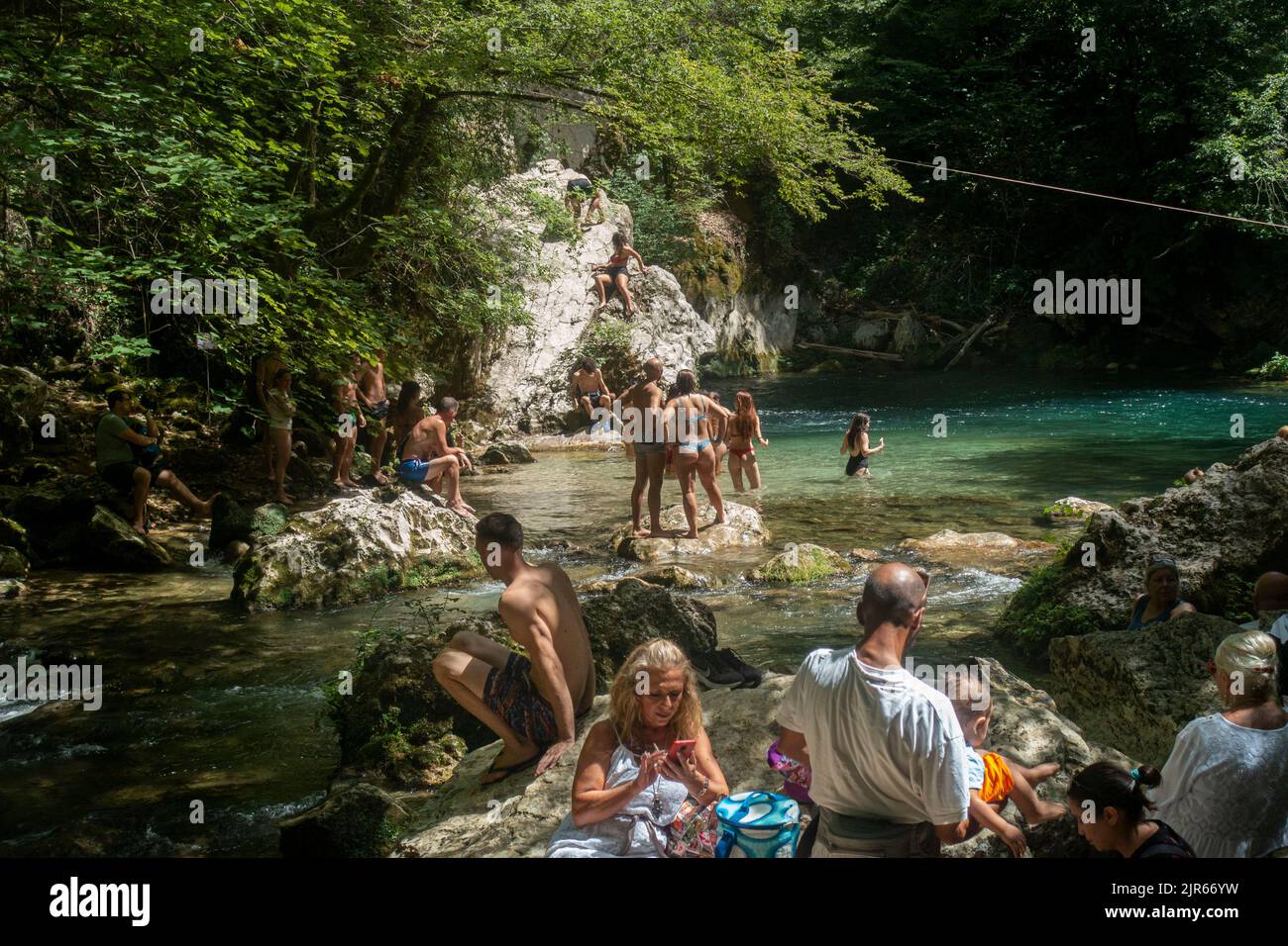 Subiaco, Lago di San Benedetto - August 2022 - People enjoy a sunny ...