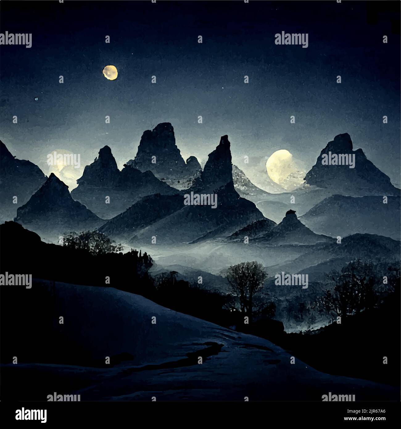 night mountains and hills in the light of several moons and a scary atmosphere Stock Vector ...