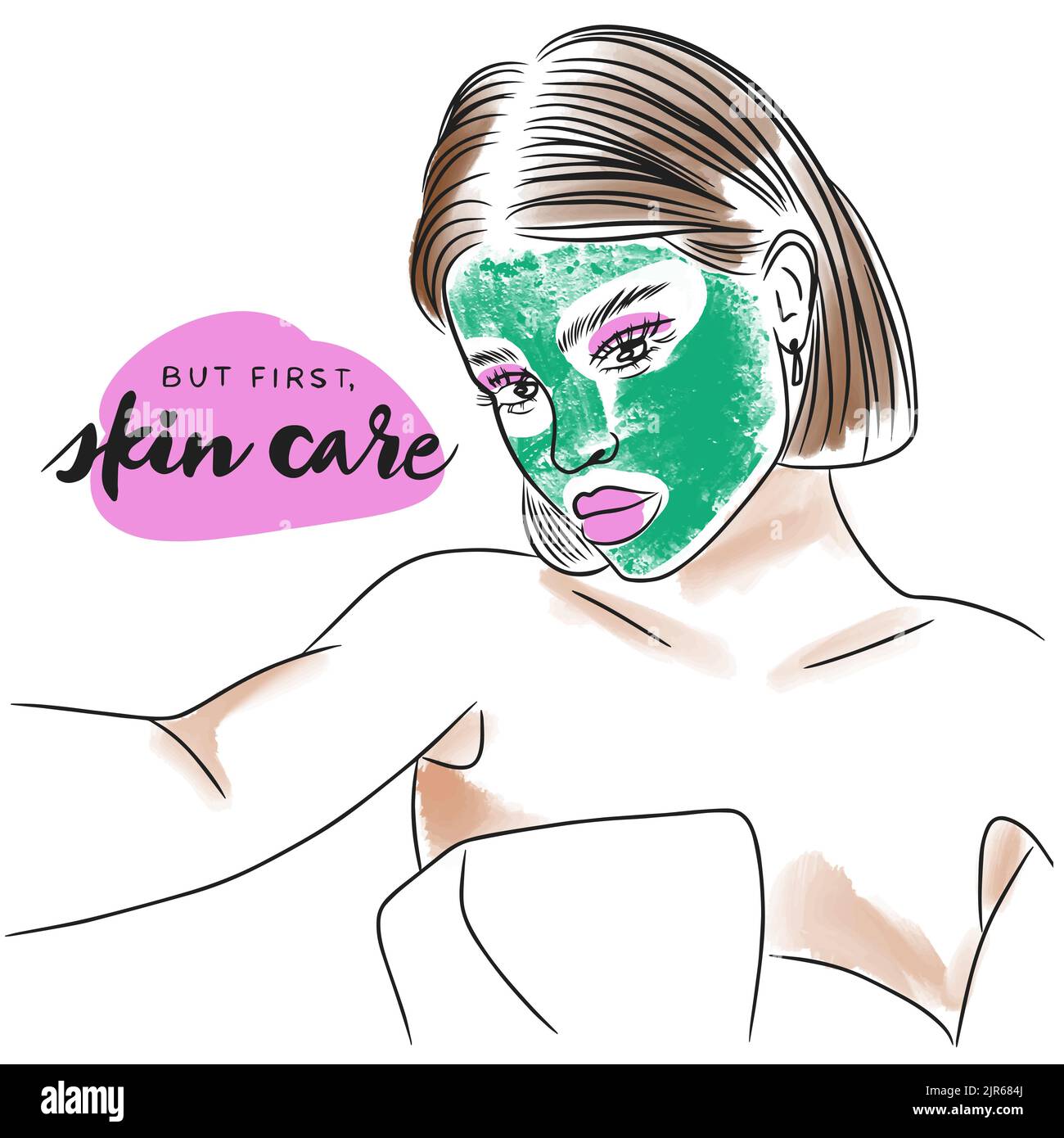 But first skin care, handwritten quote, beautiful girl with cosmetic ...