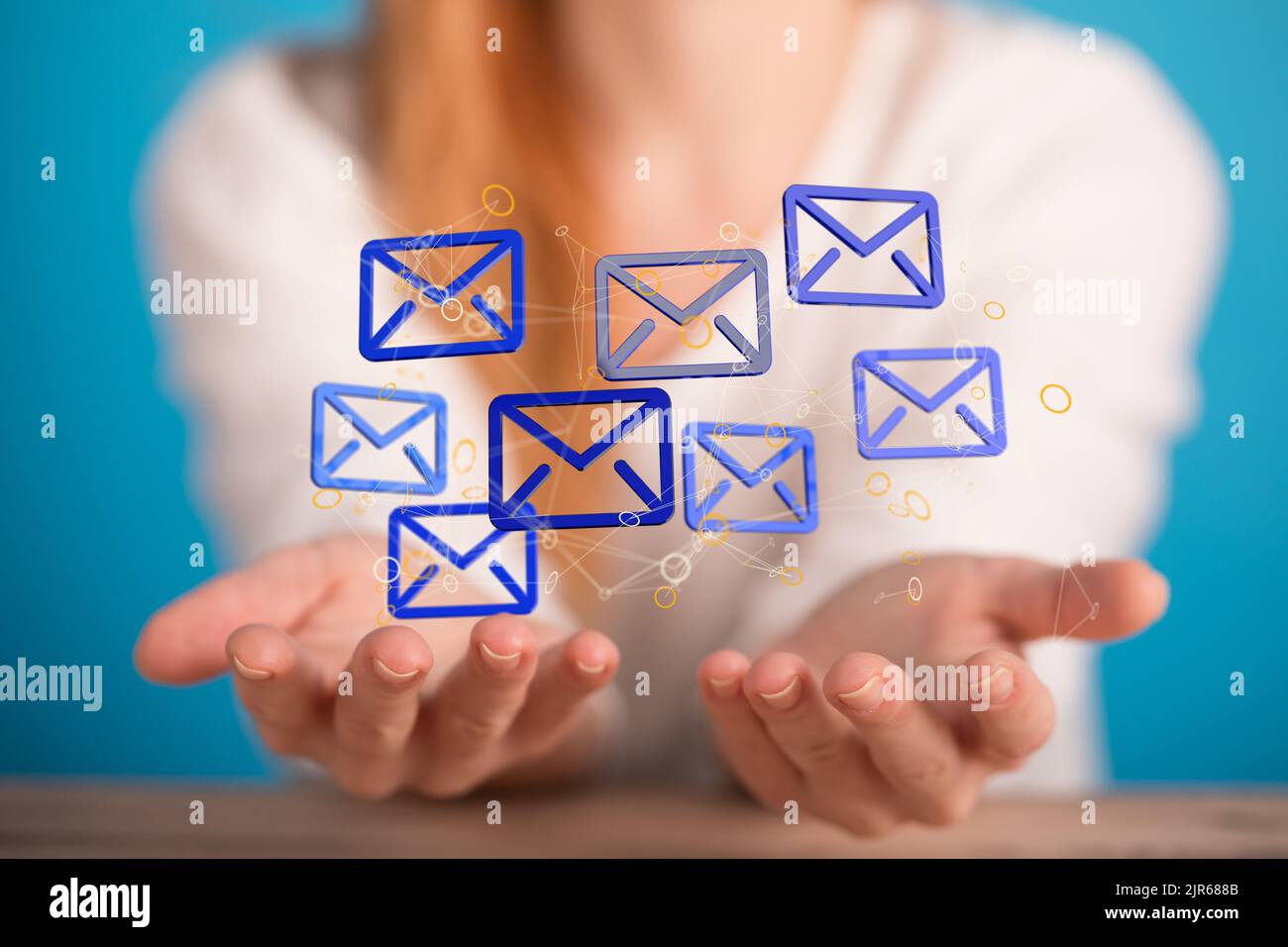 A 3D rendering of a woman with floating message icons above her hands ...