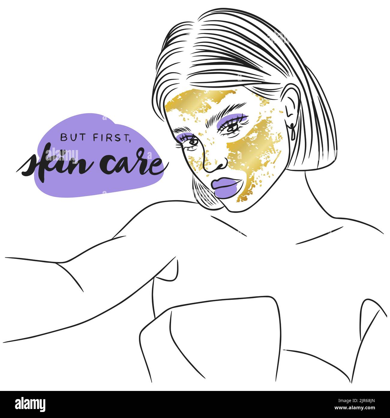 But first skin care, handwritten quote, beautiful girl with golden ...