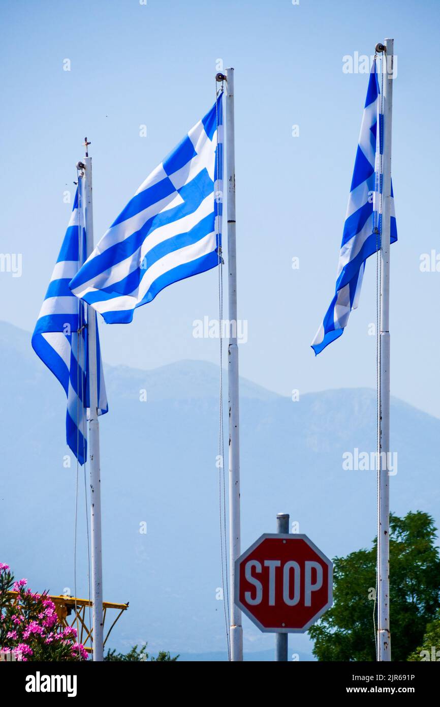 Greek flags waving in the wind, Philippi, Macedonia, North-Eastern ...