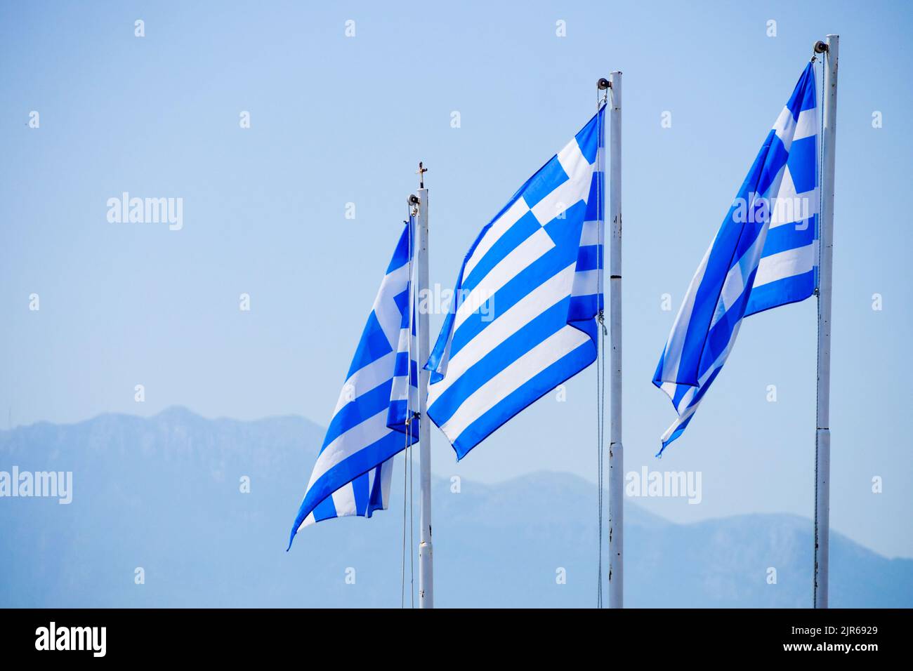 Greek flags waving in the wind, Philippi, Macedonia, North-Eastern ...