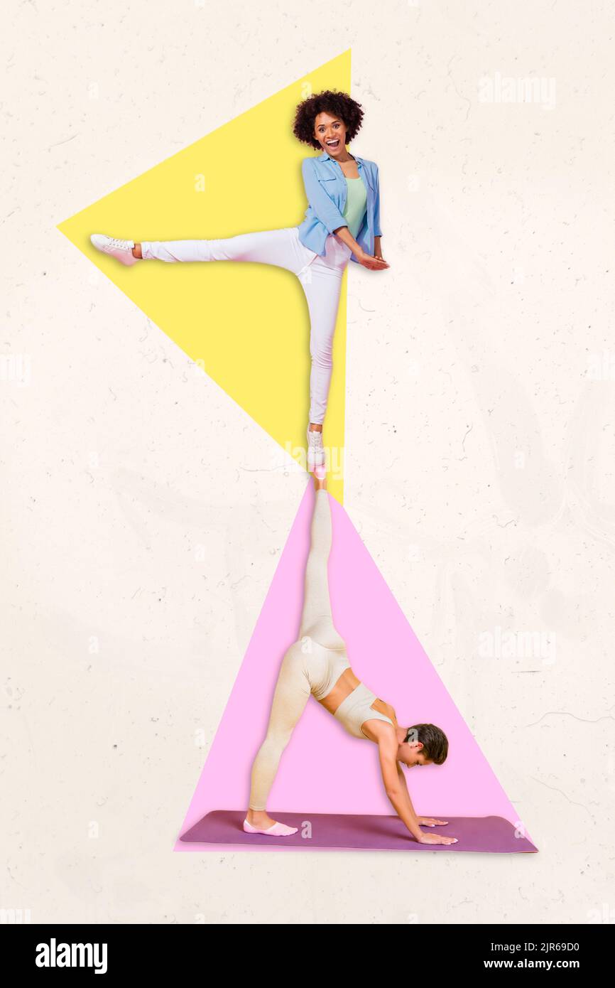 Vertical collage picture of two girls practicing yoga stretching leg ...