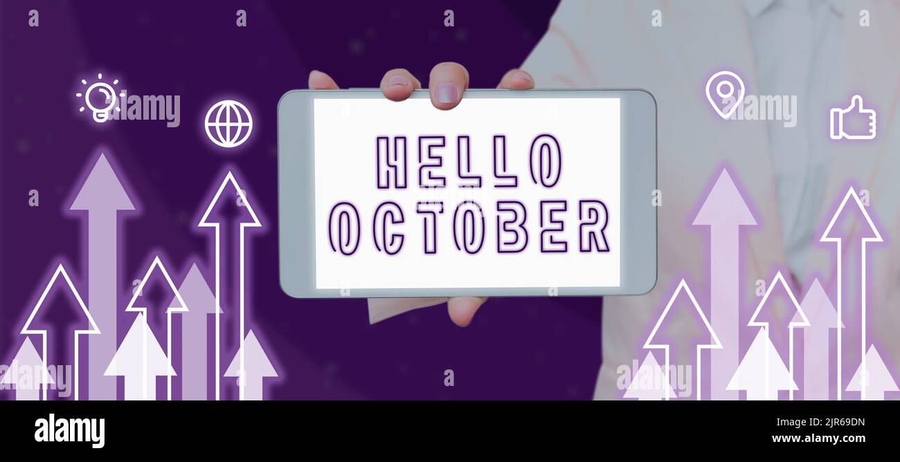 Text sign showing Hello October. Internet Concept Last Quarter Tenth ...